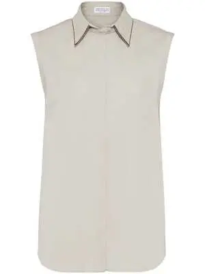 BRUNELLO CUCINELLI Brunello Cucinelli Sleeveless Cotton-Blend Blouse With Monili Chain Detail
