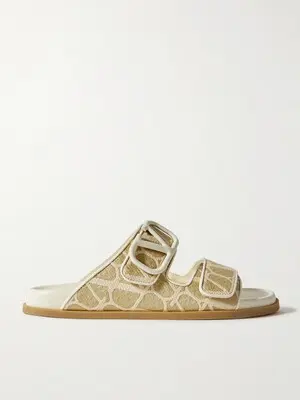 Valentino Garavani Vlogo Embellished Canvas-jacquard Slides - Neutrals