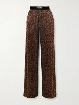 TOM FORD Jacquard-trimmed Leopard-print Silk-blend Satin Wide-leg Pants Animal Print