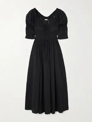 DÔEN Ischia Shirred Organic Cotton-voile Midi Dress - Black