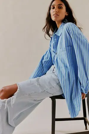 Free People We The Free Freddie Striped Shirt Aqua Combo