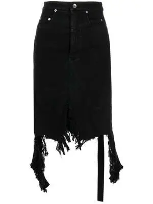 Rick Owens Distressed Denim Midi Skirt - Black