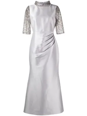 Badgley Mischka Beaded Pleated Crepe Gown - Grey