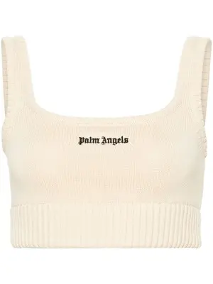 Palm Angels Embroidered-logo Knit Tank Top - Neutrals