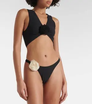 SAME Rose Floral-appliqué Bikini Top - Black