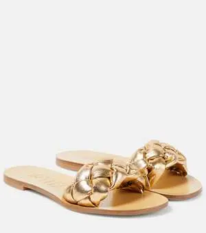 SOULIERS MARTINEZ Pelota Braided Leather Slides - Gold