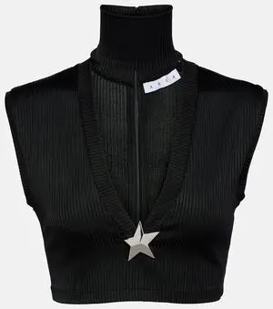 AREA Star Studded Ribbed-knit Crop Top