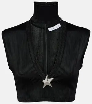AREA Star Stud Ribbed-knit Crop Top