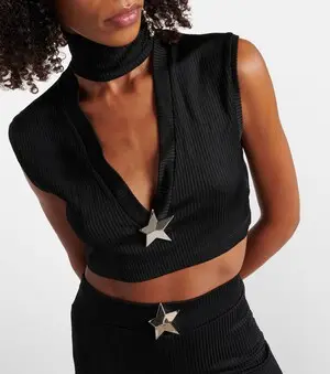 AREA Star Stud Ribbed-knit Crop Top