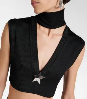 AREA Star Studded Ribbed-knit Crop Top