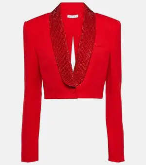AREA Crystal-embellished Cropped Wool Blazer - Red