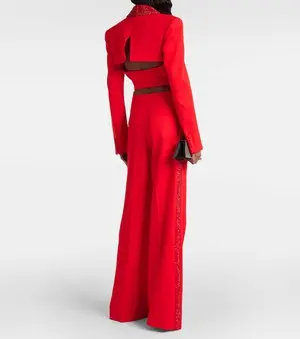 AREA Crystal-embellished Cropped Wool Blazer - Red