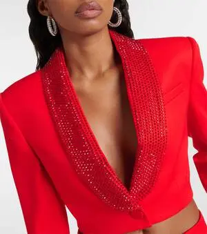 AREA Crystal-embellished Cropped Wool Blazer - Red