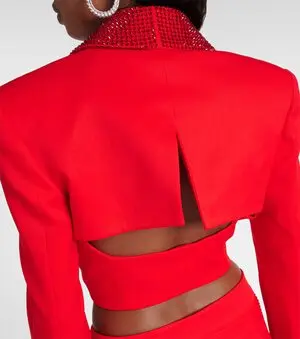 AREA Crystal-embellished Cropped Wool Blazer - Red