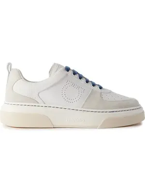 FERRAGAMO Suede-trimmed Perforated Leather Sneakers