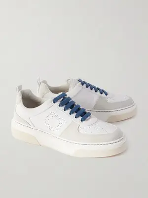 FERRAGAMO Suede-trimmed Perforated Leather Sneakers