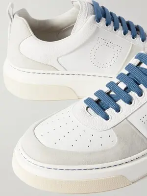 FERRAGAMO Suede-trimmed Perforated Leather Sneakers
