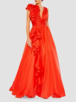 Mac Duggal Satin Plunge Ruffled A-line Gown Cherry
