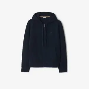Burberry Cashmere Blend Zip Hoodie With Equestrian Knight Design - Navy