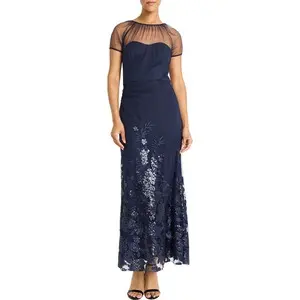 Maggy London Floral Appliqué Mesh Gown