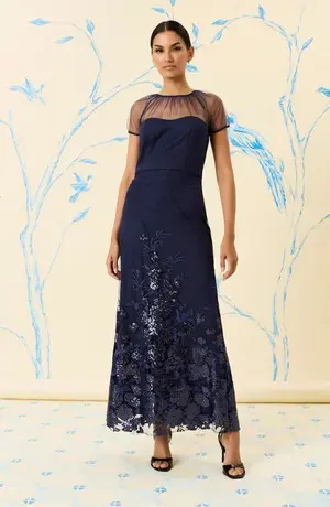 Maggy London Floral Appliqué Mesh Gown