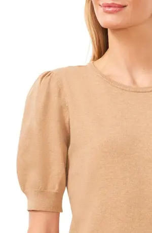 CECE DUPRAZ Puff Sleeve Crewneck Sweater - Latte Heather