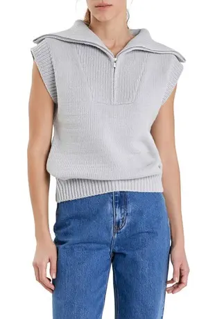English Factory Zip Mock Neck Cap Sleeve Sweater - Grey