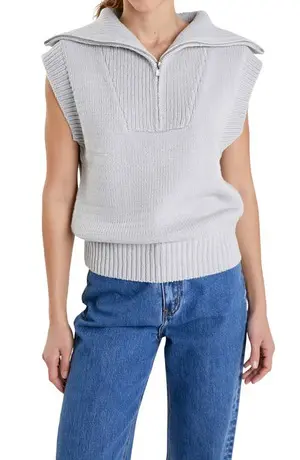 English Factory Zip Mock Neck Cap Sleeve Sweater - Grey