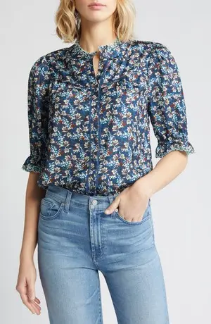 Wit & Wisdom Print Ruffle Eyelet Shirt - Island Sky Multi