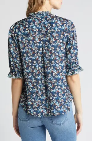Wit & Wisdom Print Ruffle Eyelet Shirt - Island Sky Multi