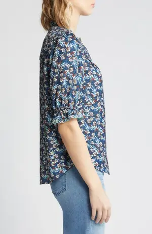 Wit & Wisdom Print Ruffle Eyelet Shirt - Island Sky Multi