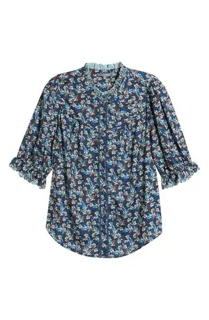 Wit & Wisdom Print Ruffle Eyelet Shirt - Island Sky Multi