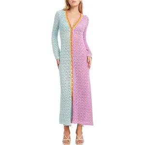 CAPITTANA Alexandra Long Sleeve Colorblock Cover-up Maxi Sweater Dress - Purple/teal Multi