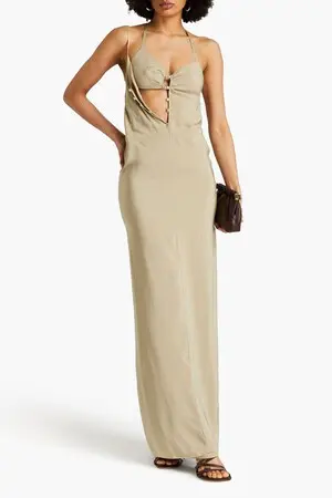 beige cut out maxi dress Jessica Bara Katana Crochet Halter Cut Out Maxi Dress – JESSICA BARA