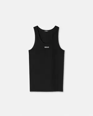 Versace Ribbed Cotton Tank Top With Embroidered Logo - Black