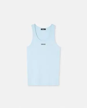 Versace Versace Ribbed Cotton Tank Top With Embroidered Logo Light Blue