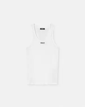 Versace Ribbed Cotton Tank Top With Embroidered Logo - White