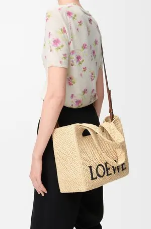 Loewe Medium Font Raffia Tote - Natural