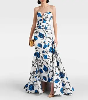RASARIO Draped Floral Satin Gown
