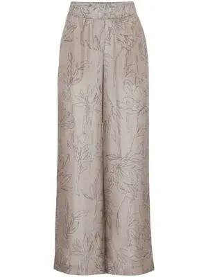 Brunello Cucinelli Leaf-print Silk Trousers