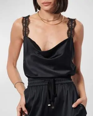 Cami Nyc Florcita Silk Lace Cowl-neck Cami - Black