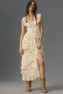 white christmas dresses Cassandra Ruffle-Trim Button-Detail Corset Mini Dress in Ivory main image 1