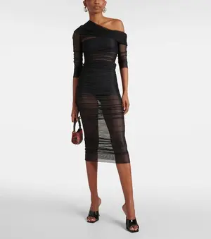 THE SEI One-shoulder Ruched Mesh Midi Dress