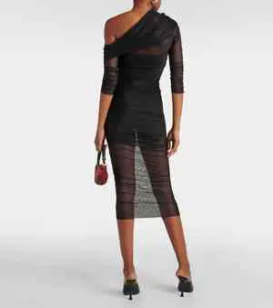 THE SEI One-shoulder Ruched Mesh Midi Dress