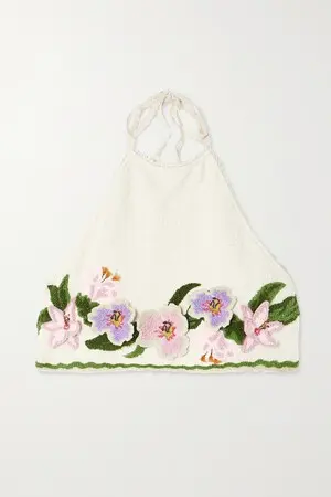 Agua Bendita Carlota Flora Appliquéd Cotton-blend Bouclé Halterneck Top - White