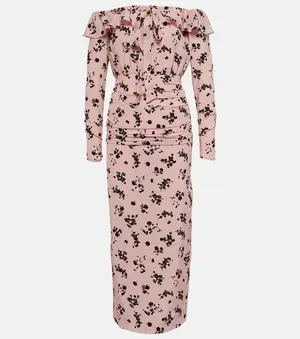 Alessandra Rich Floral Off-shoulder Silk Midi Dress - Pink