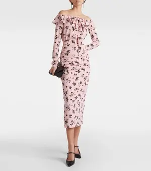 Alessandra Rich Floral Off-shoulder Silk Midi Dress - Pink