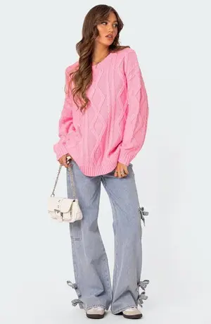 EDIKTED Kennedy Oversize Cable Stitch Sweater - Pink