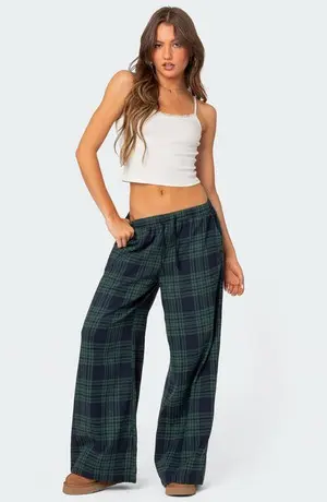 EDIKTED Lounge Around Plaid Wide Leg Pants