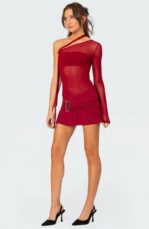 EDIKTED One-shoulder Sheer Mini Dress